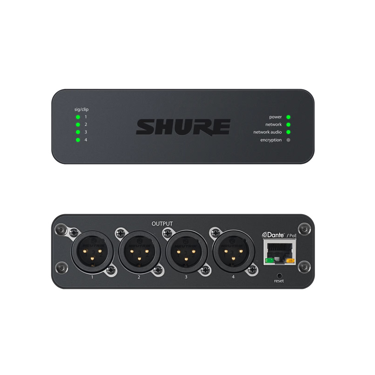 Shure audio network interface with 4 XLR outputs. Audio routing via Da ...